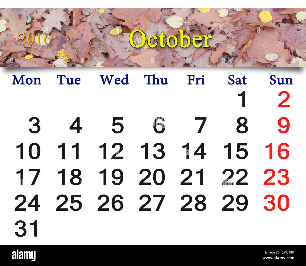 calendar for October 2016 with the ribbon of red leaves on the tree ...
