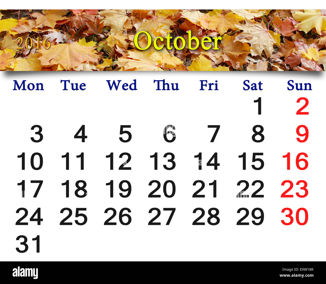calendar for October 2016 with the ribbon of yellow leaves on the tree ...