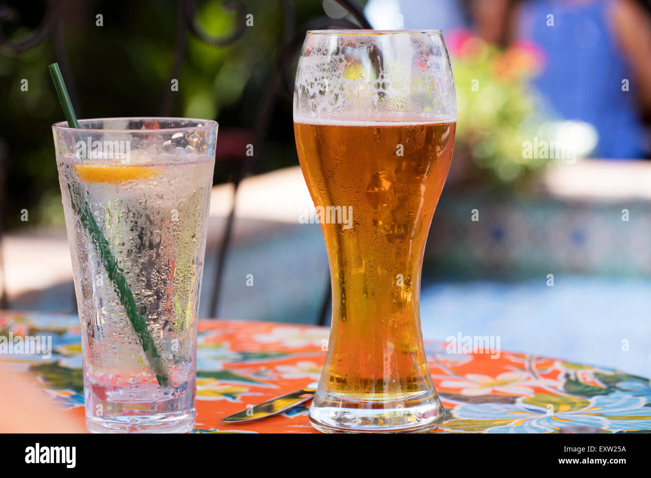 Refreshing beer ordered before dinner at a local restaurant Stock Photo ...