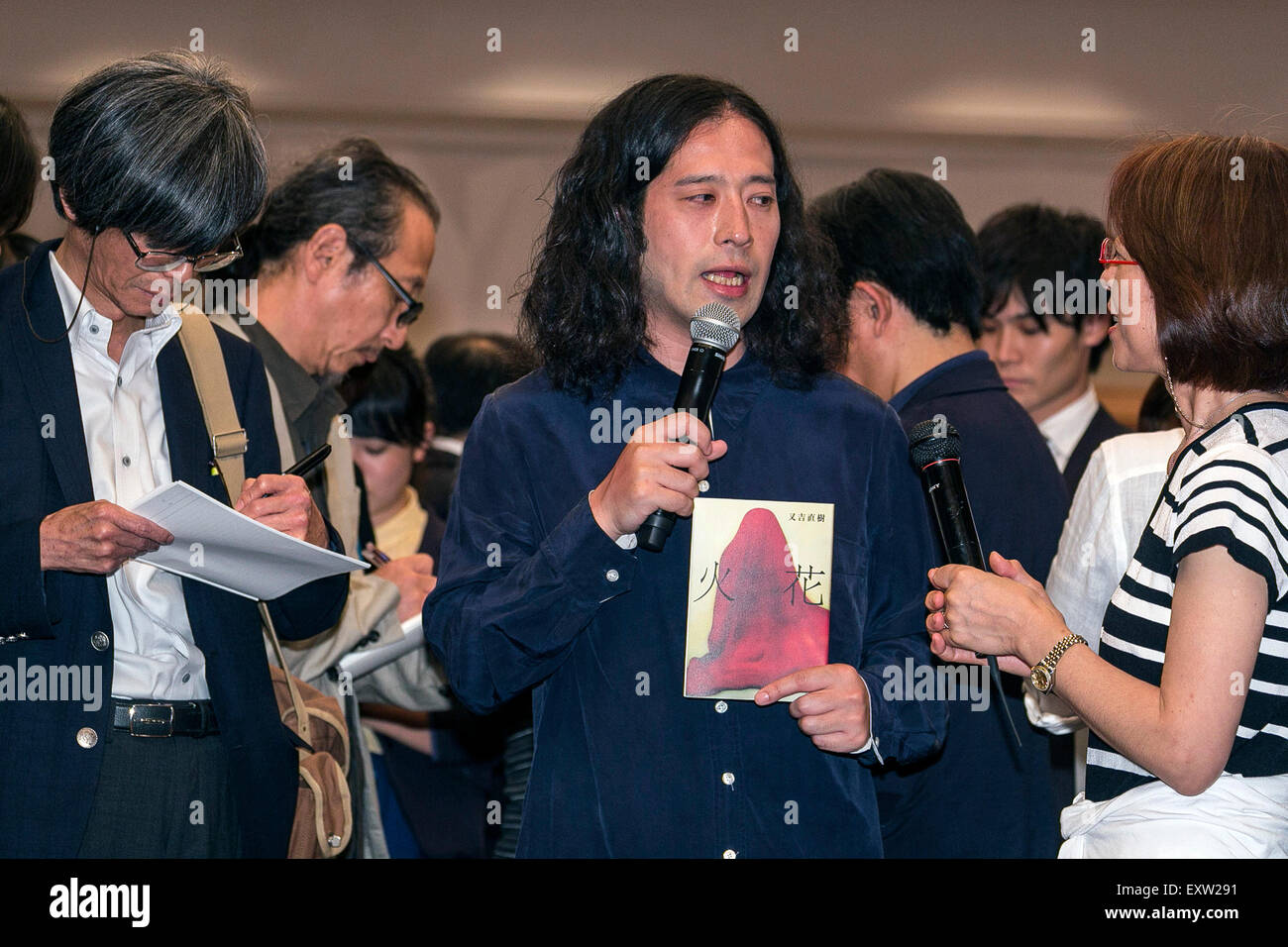 Author Naoki Matayoshi answers journalistic questions during the ...
