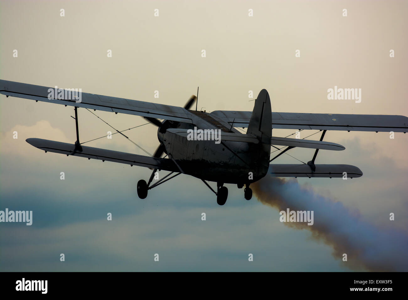 Vintage Biplane At Take Off With Air Polluting Emissions Stock Photo ...