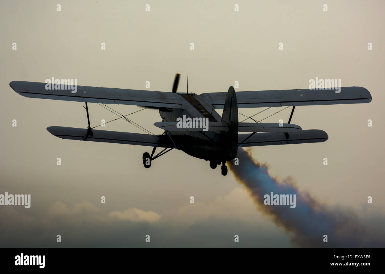 Vintage Biplane At Take Off With Air Polluting Emissions Stock Photo ...