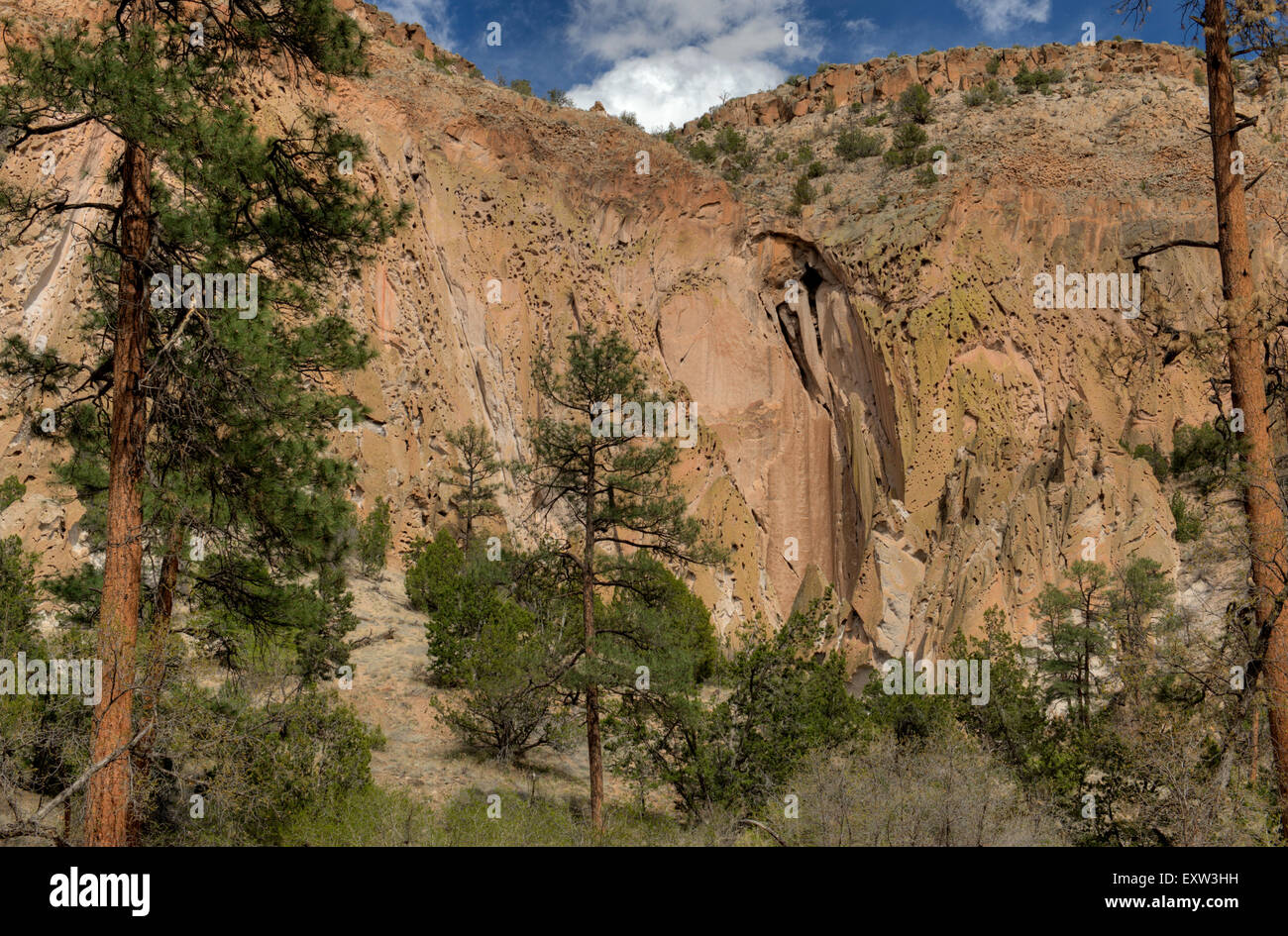 Cliffs of volcanic tuff form the walls of Frijoles Canyon in the ...