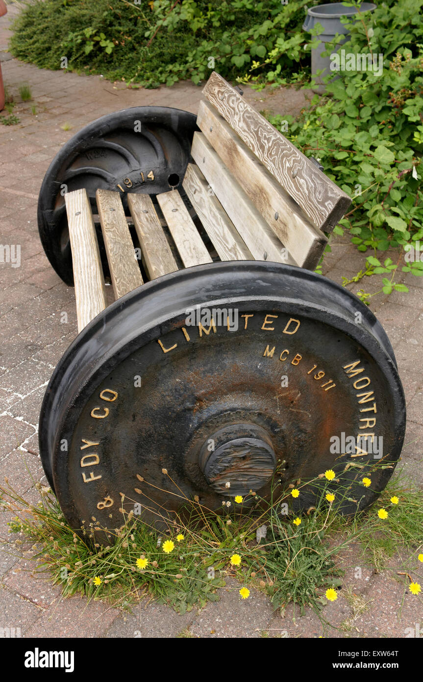 Old train wheels upcycled into a public bench, Kerrisdale Village ...