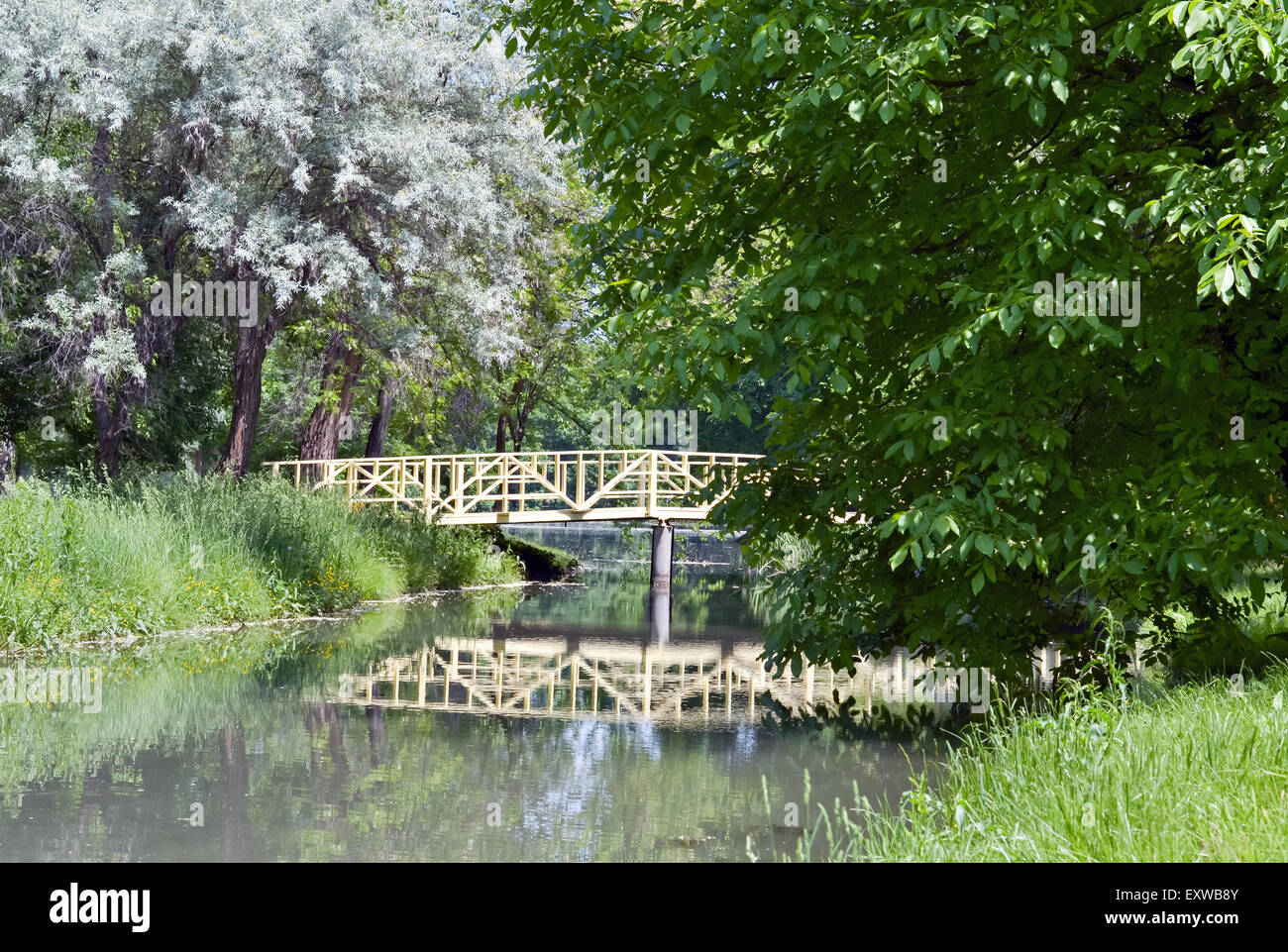 Metal footbridge over the stream in the city park Stock Photo - Alamy