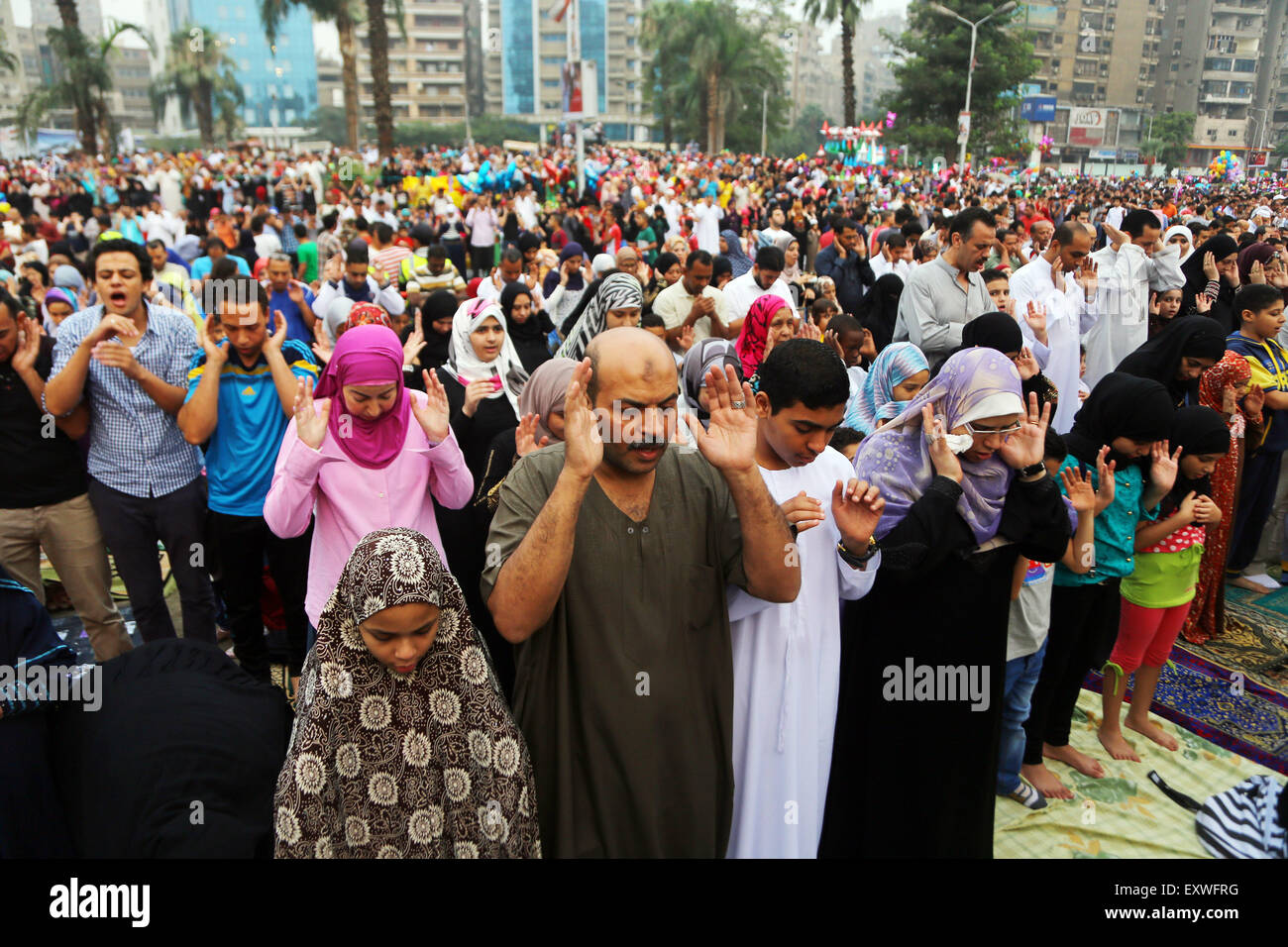 Cairo, Egypt. 17th July, 2015. Egyptian Muslims pray during the Muslim ...