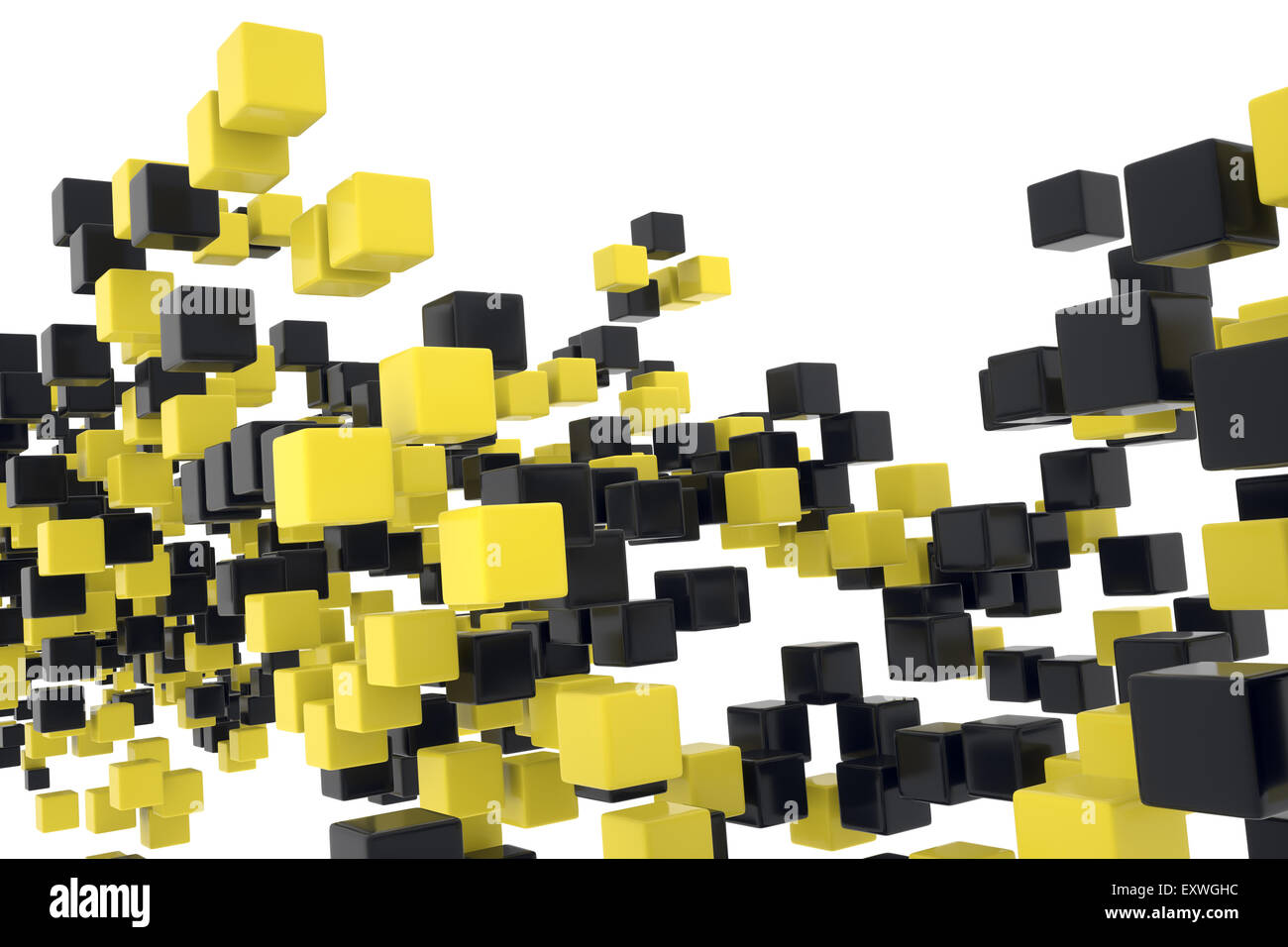 Yellow and black cubes flying through a white background Stock Photo ...