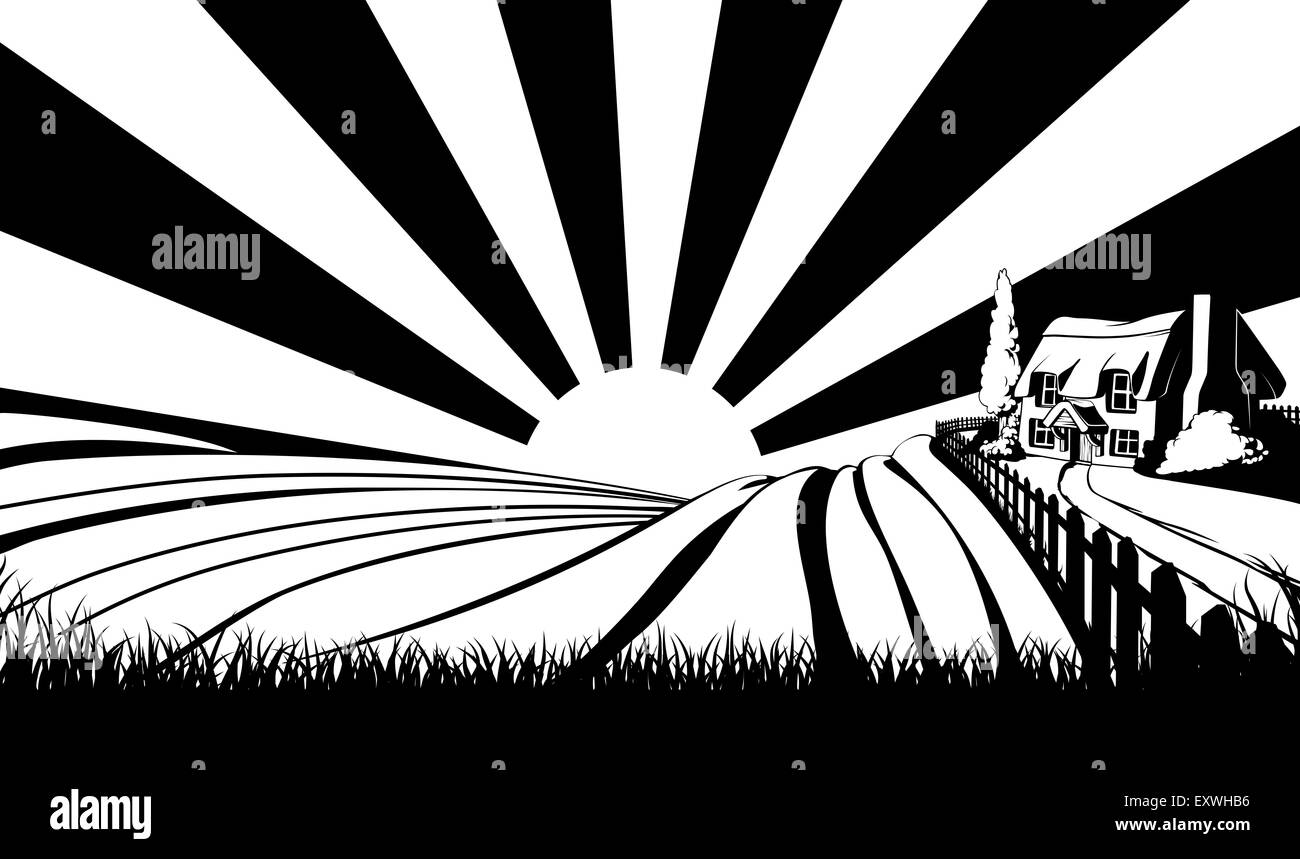 A farm house thatched cottage in an idyllic landscape of rolling farm ...