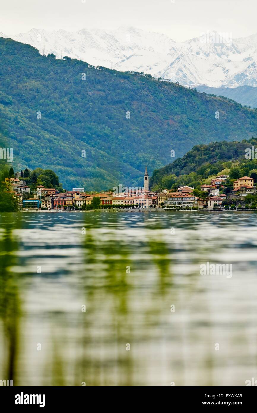 Village Mergozzo with lake and mountains of the Valais, Piedmont, Italy ...