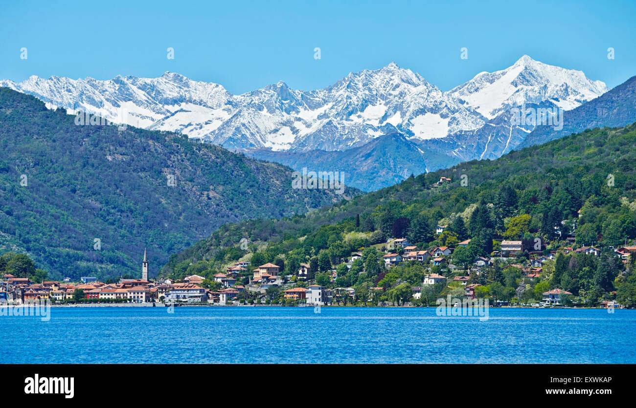 Village Mergozzo with lake and mountains of the Valais, Piedmont, Italy ...