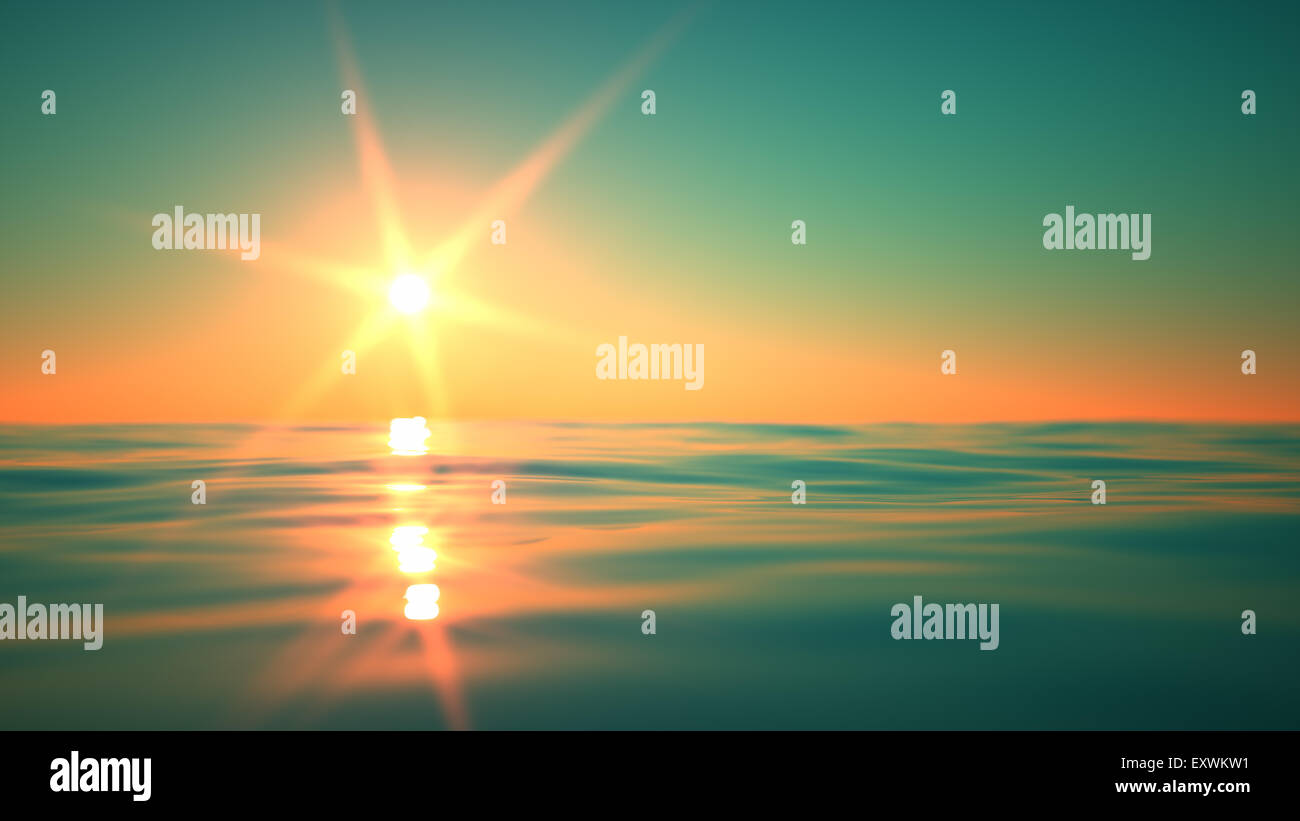 Sunrise over tranquil sea with gently rippling waves. A 3D rendering ...