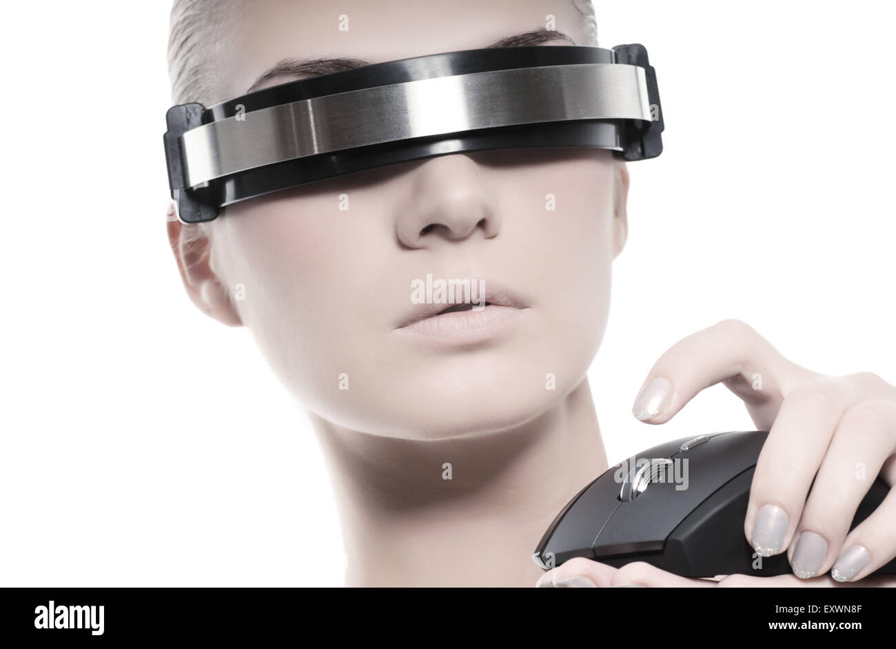 Beautiful cyber woman with computer mouse isolated on white background ...