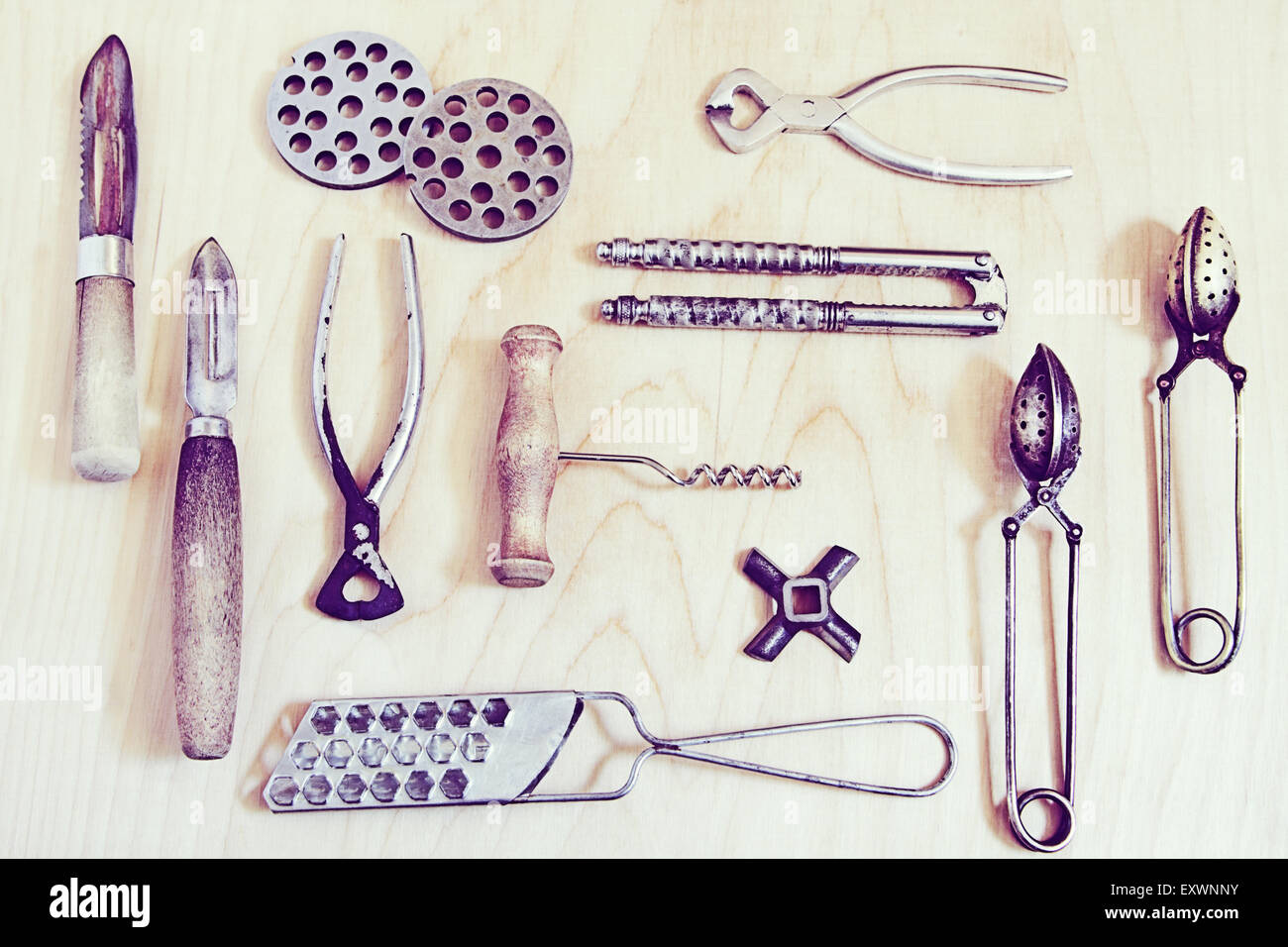 Kitchen goods and instruments on wood background. Retro effect Stock ...
