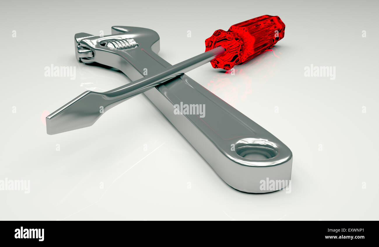 A monkey wrench or adjustable spanner together with a red screwdriver ...