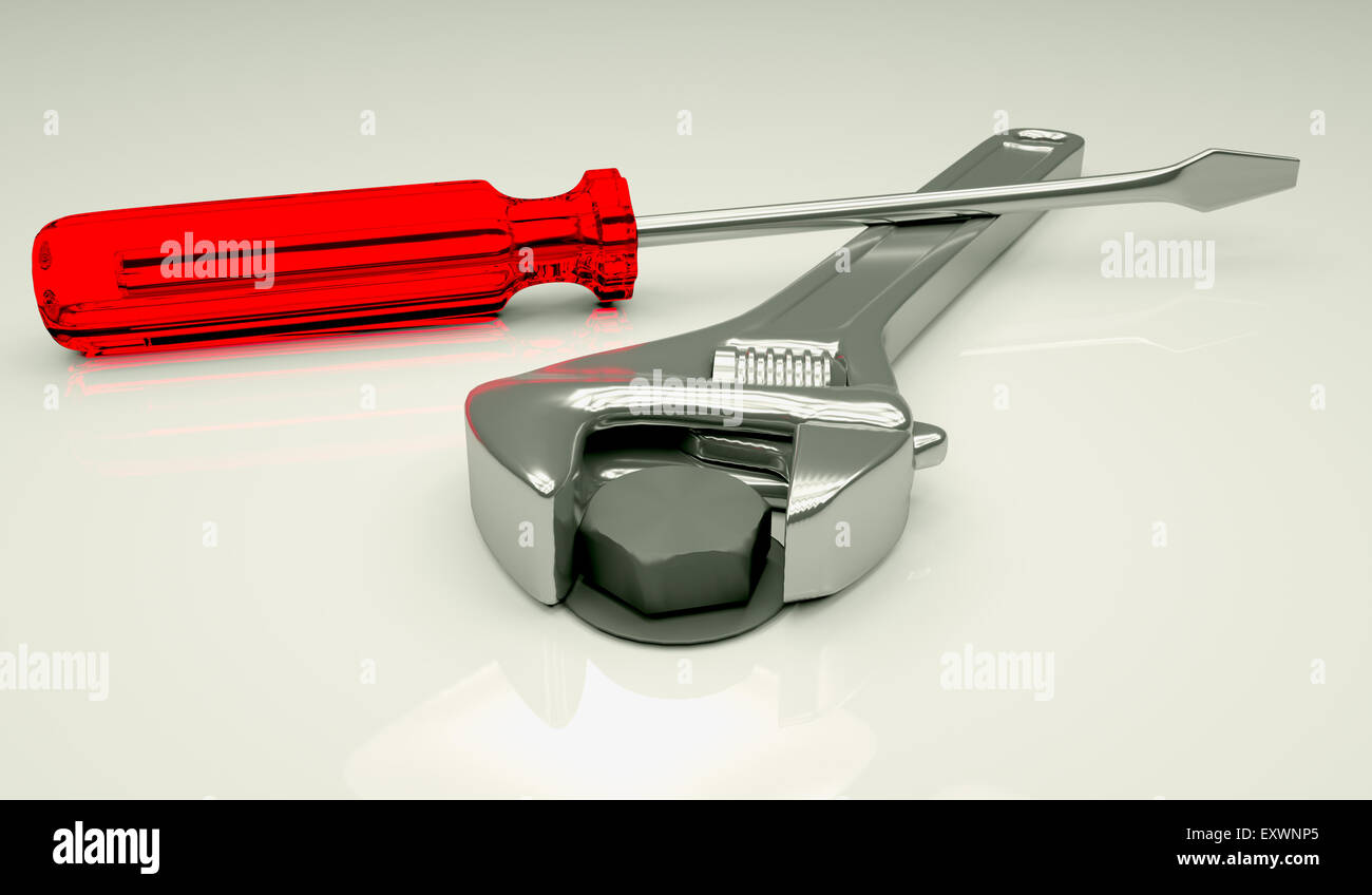 A monkey wrench or adjustable spanner together with a red screwdriver ...