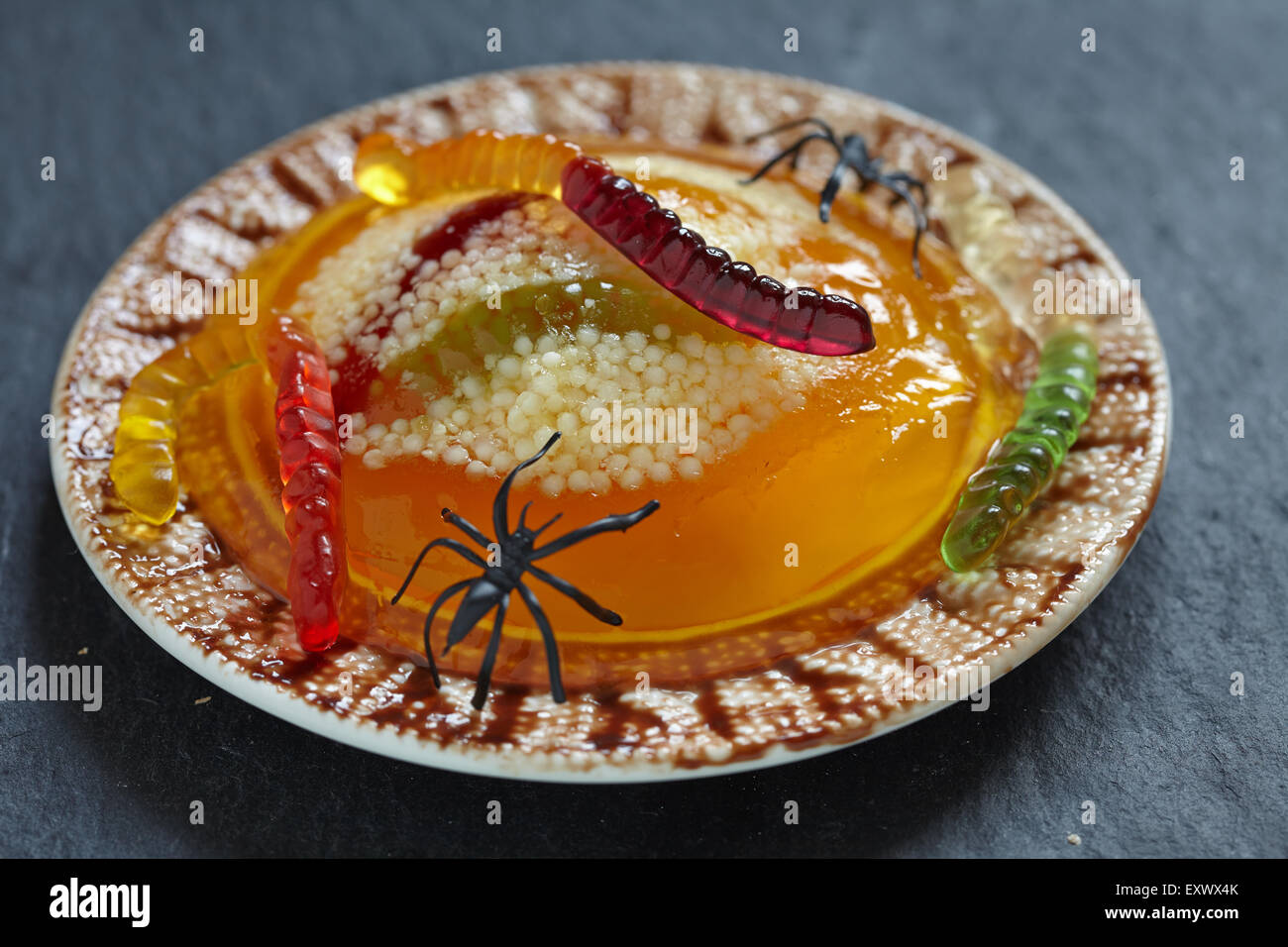 Spooky Worm and Spider Nests with Orange Jello and Tapioca Stock Photo ...