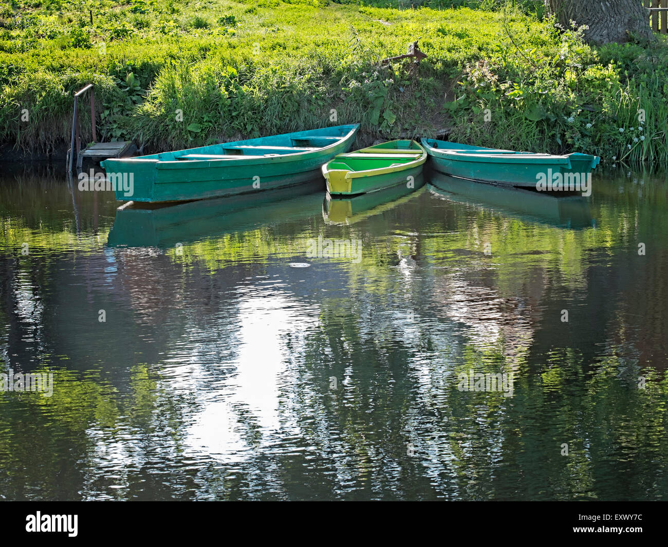 Green wooden punts on summer riverside Stock Photo - Alamy