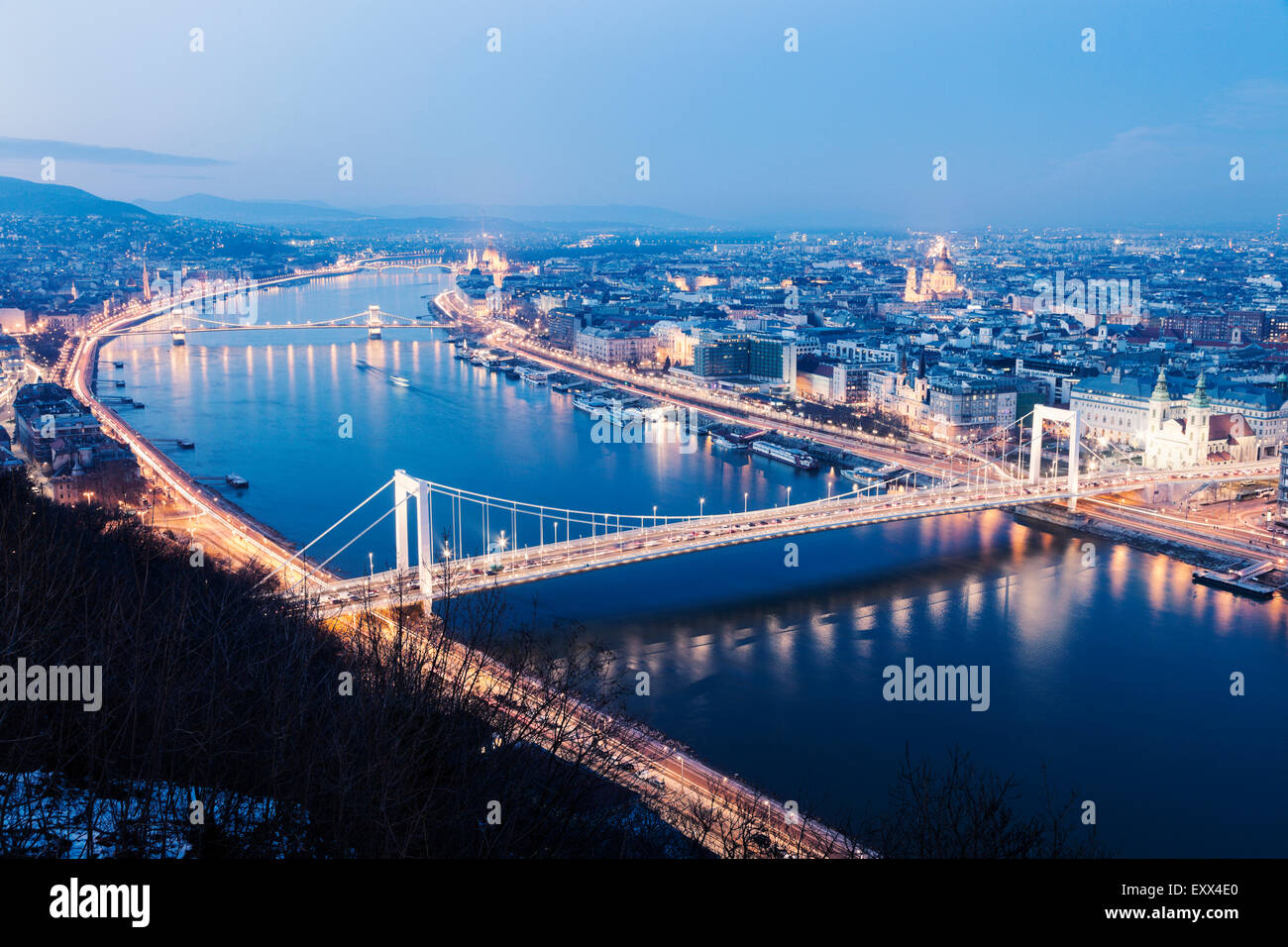 Waterfront cityscape with illuminated Elisabeth Bridge Stock Photo - Alamy