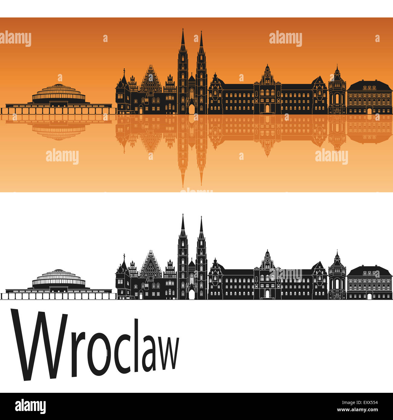 Wroclaw skyline in orange background in editable vector file Stock ...