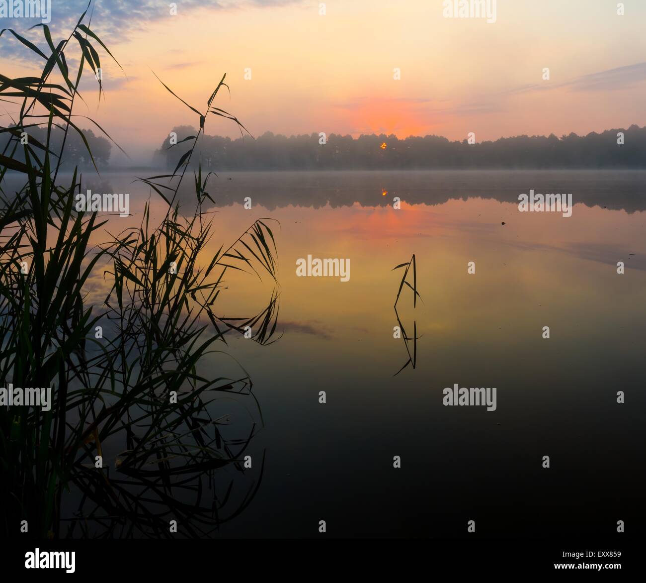 Beautiful, mystic sunrise over lake. Summertime in Mazury lake district ...