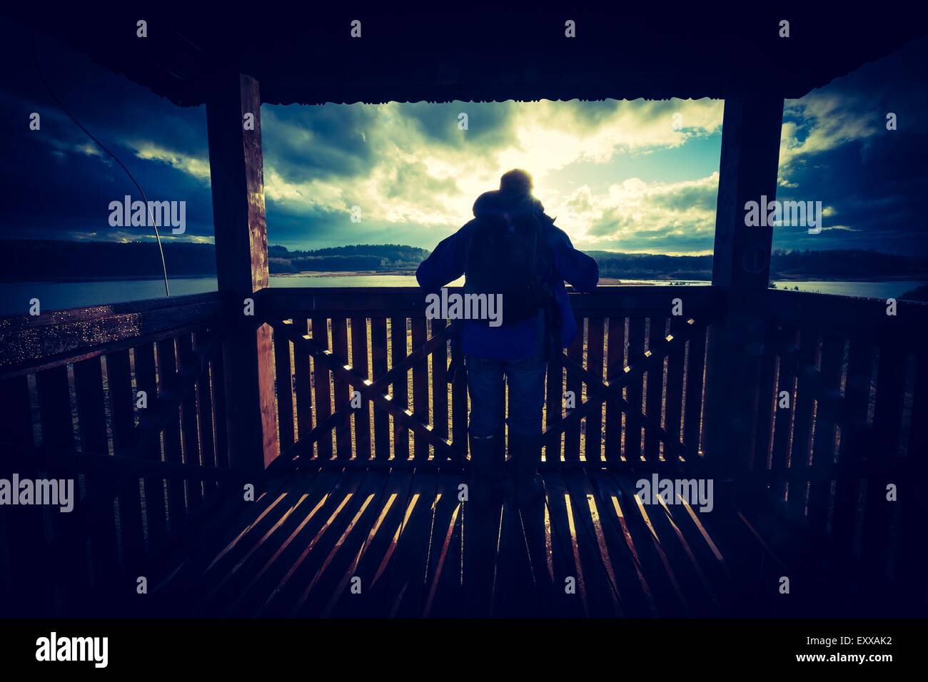 Vintage photo of man standing on observation point (high observation ...