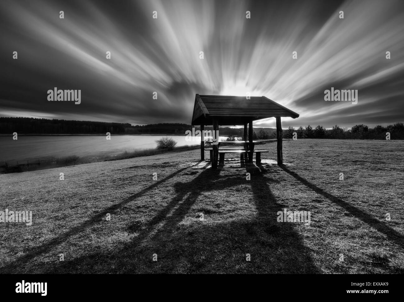 Beautiful landscape wooden hut Black and White Stock Photos & Images ...