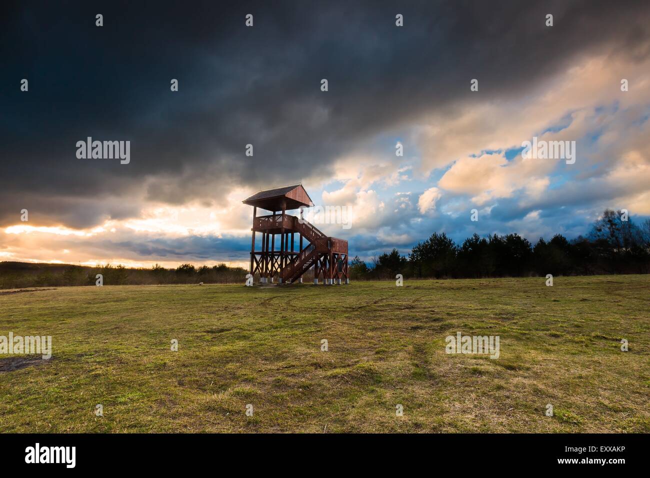 Beautiful landscape of watching tower under dramatic sky. Landscape ...