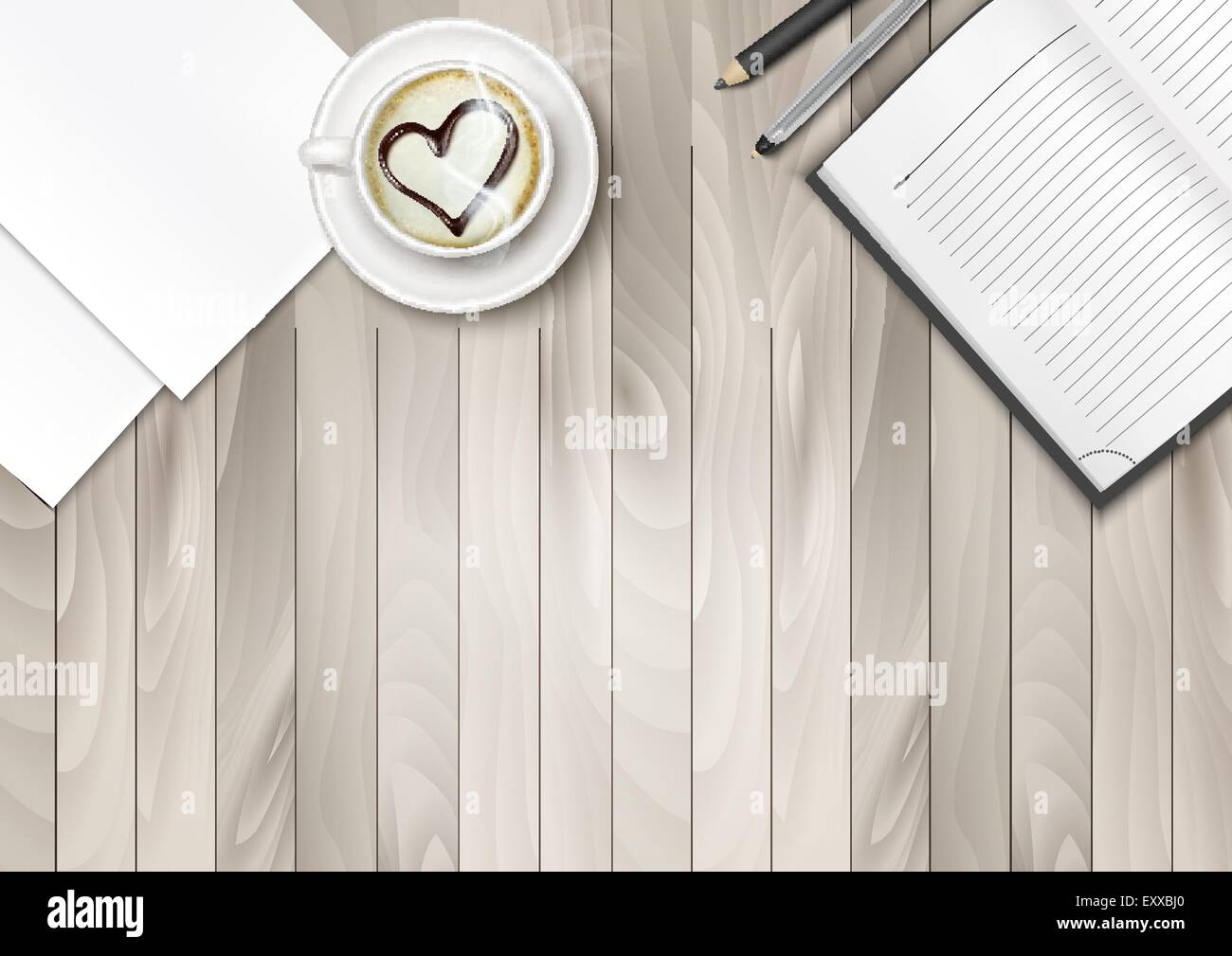 Cup of Coffee With Shape Heart And Notebook On A Wooden Desk Stock ...