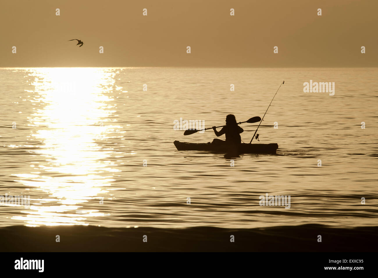 Person kayaking at sunset Stock Photo - Alamy