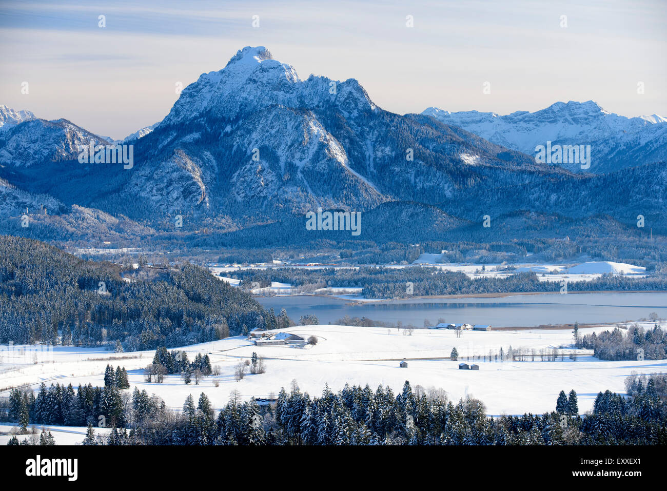 panorama landscape in Bavaria with alps mountains and lake Forggensee ...