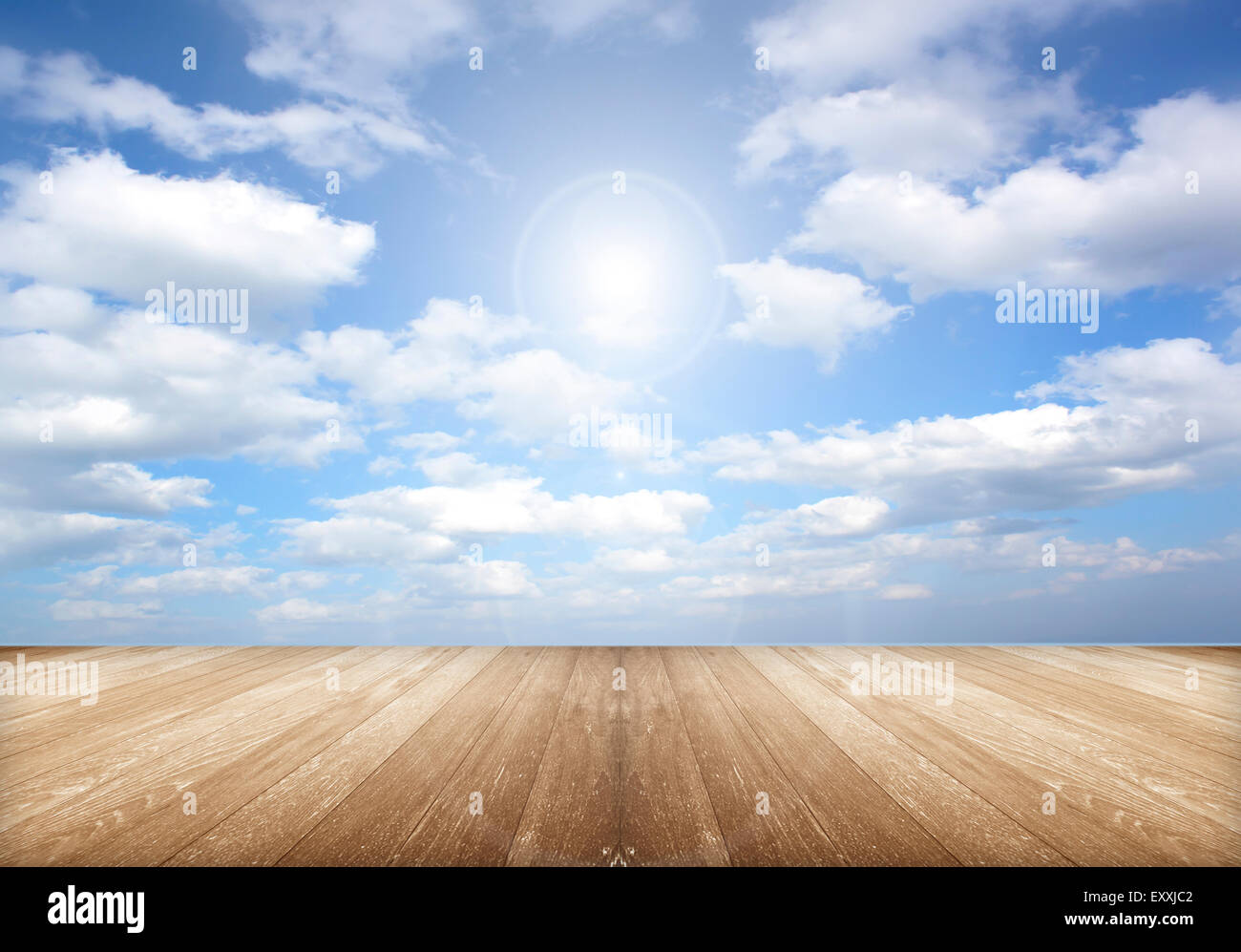 The vast blue sky and clouds sky wooden terrace outside Stock Photo - Alamy