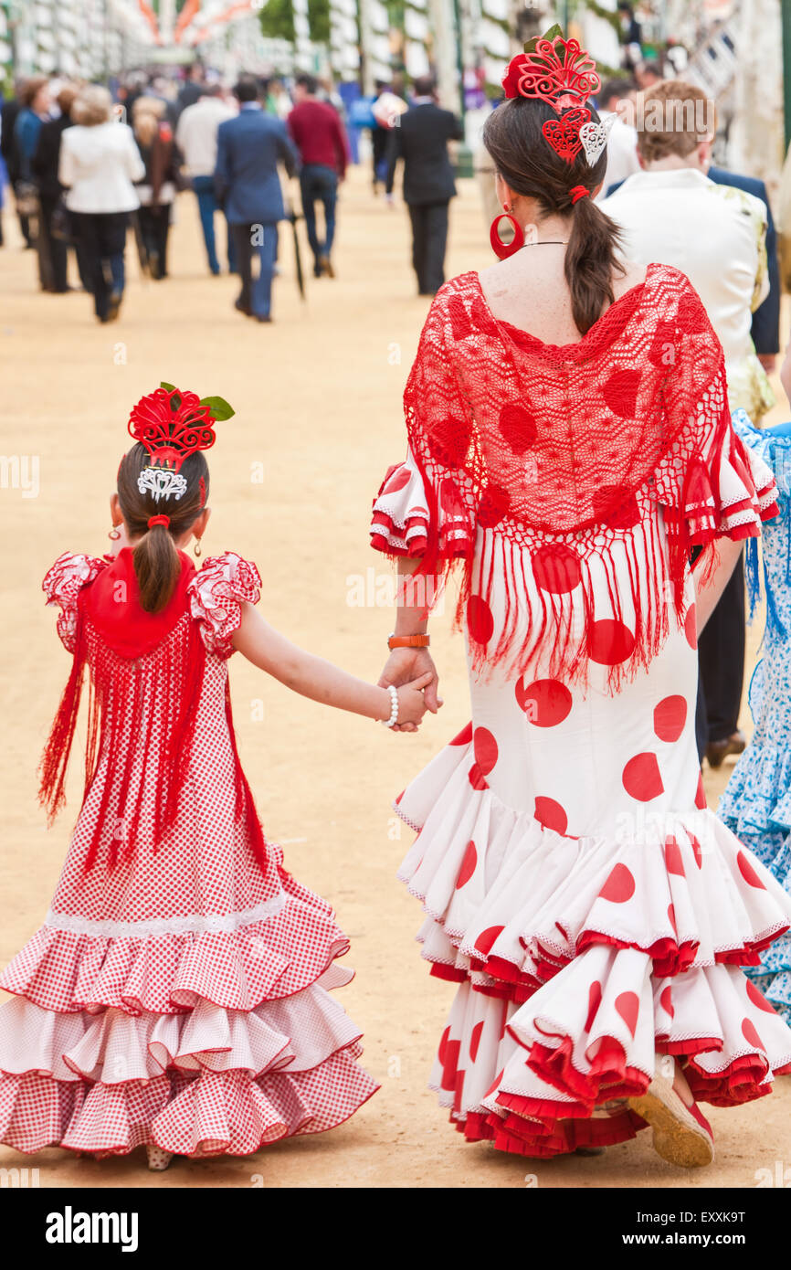 In traditional Seville dress in Seville, Andalucia, Spain, Europe. At ...
