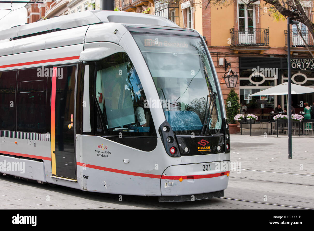 Modern tram in centre of Seville, Andalucia, Spain, Europe Stock Photo ...