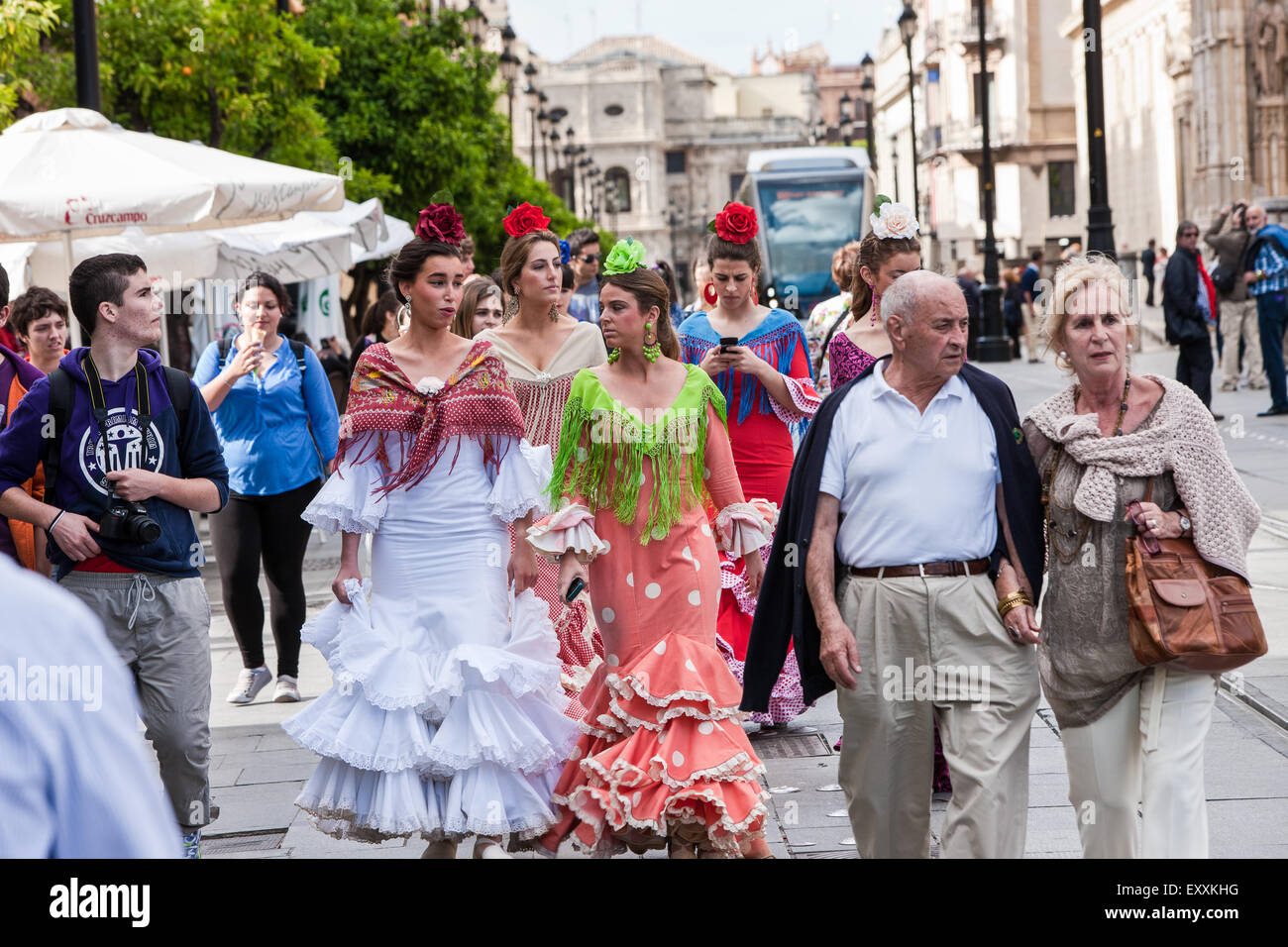 In traditional Seville dress in Seville, Andalucia, Spain, Europe ...