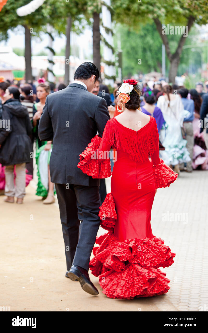 In traditional Seville dress in Seville, Andalucia, Spain, Europe. At ...