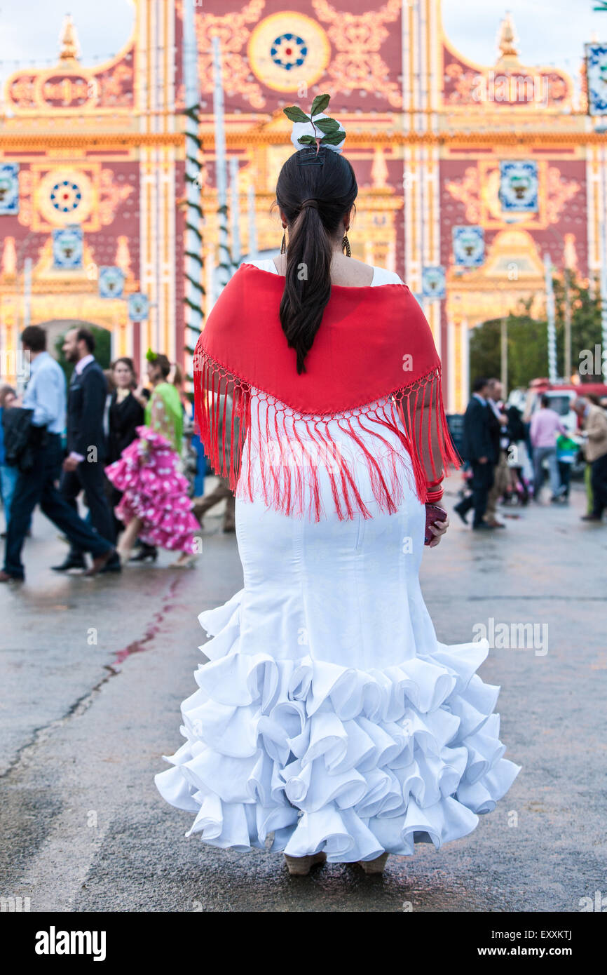 In traditional Seville dress in Seville, Andalucia, Spain, Europe. At ...