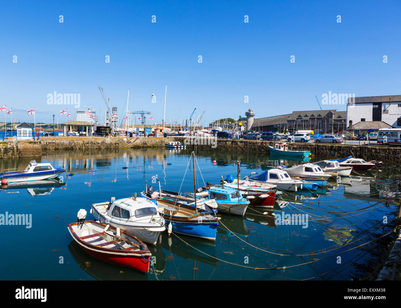 Boats in the harbour at Custom House Quay, Falmouth, Cornwall, England ...