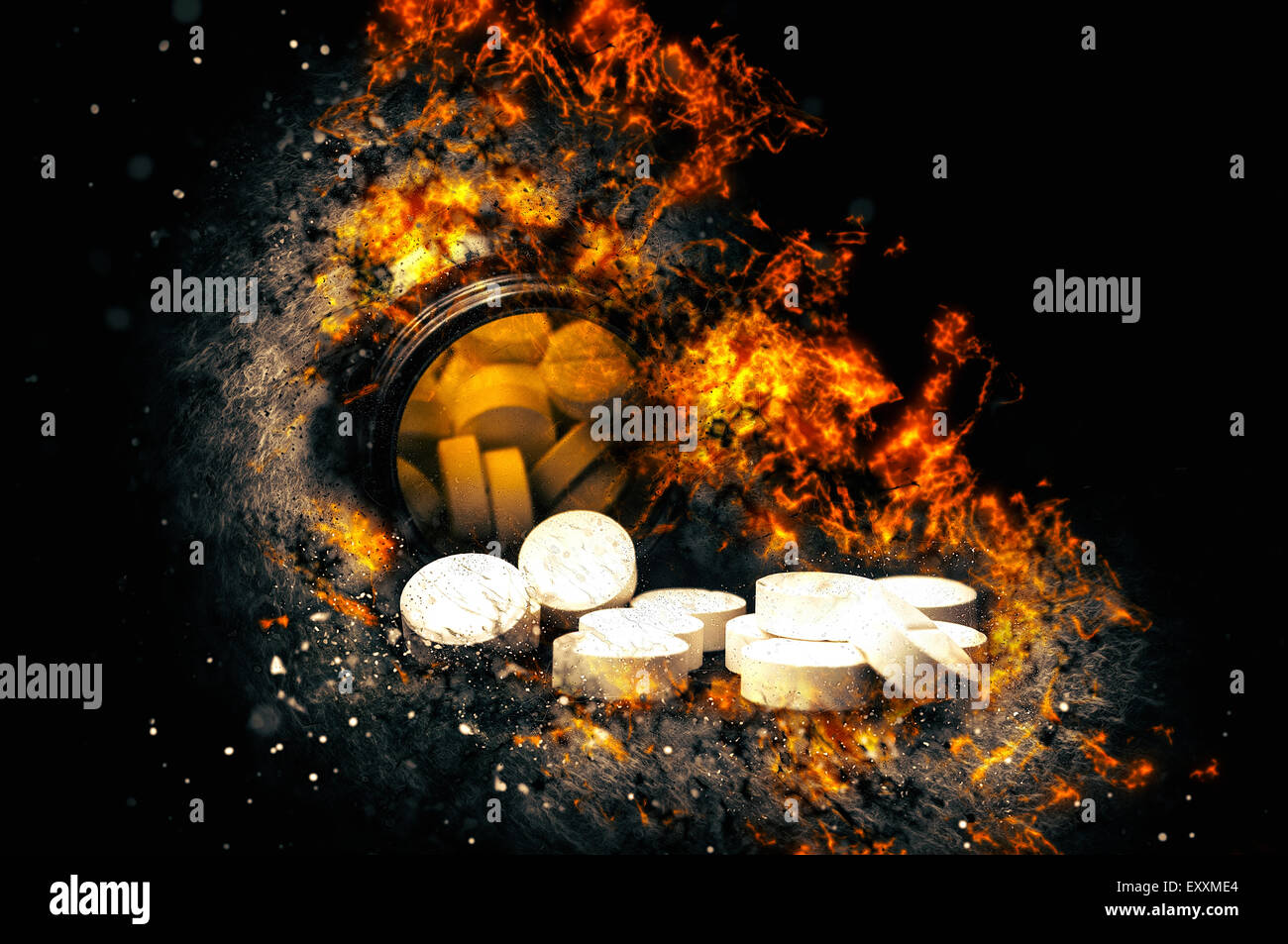 Round pills and pills bottle. Fire illustration Stock Photo - Alamy