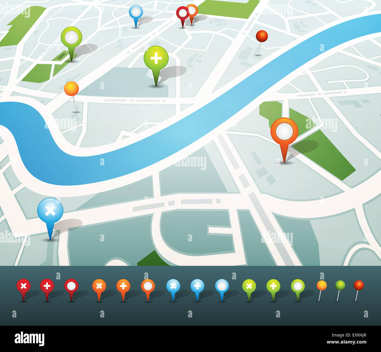 Illustration of a symbolized city map with roads, street, district ...