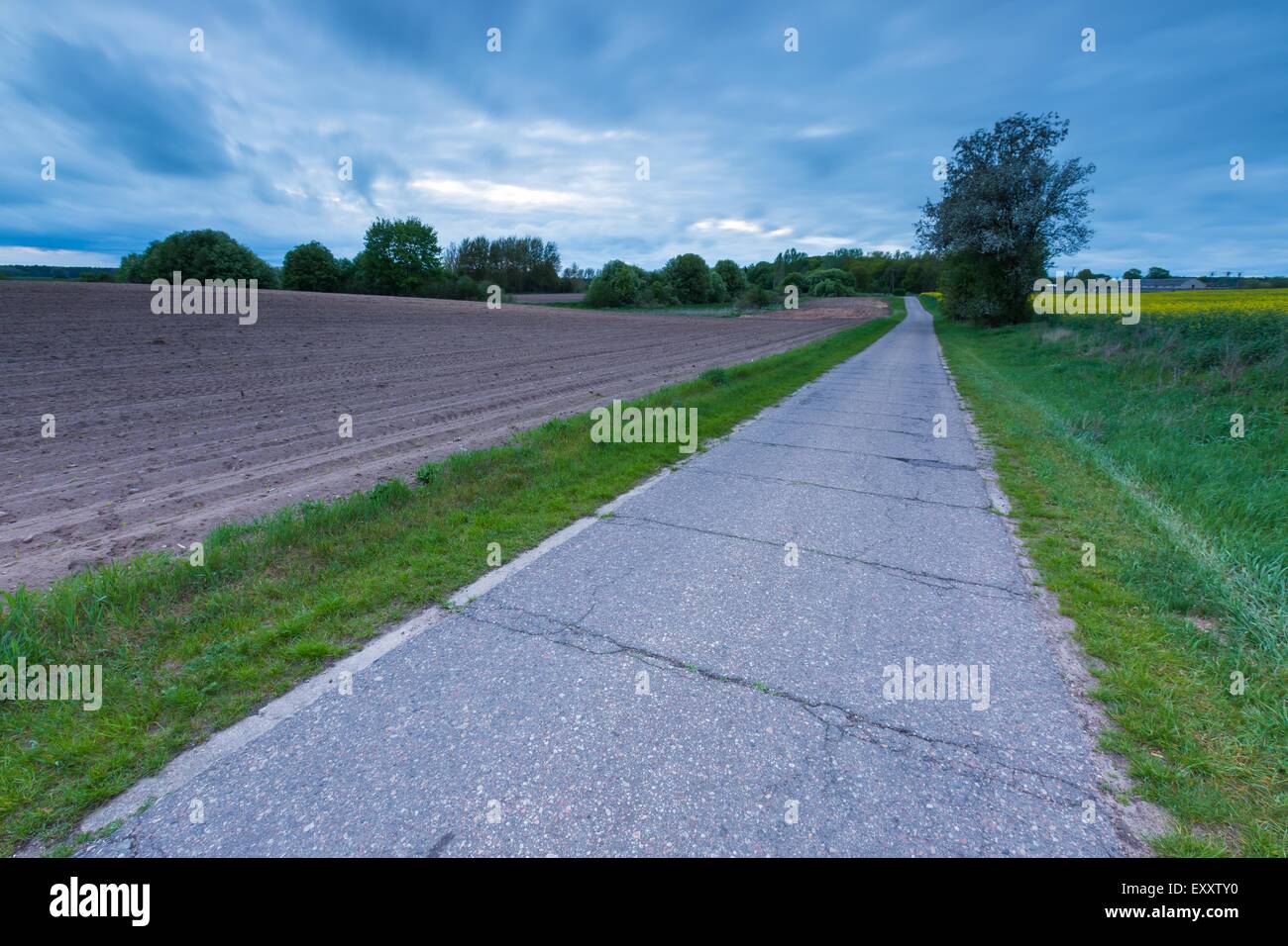 Rural destroyed asphalt road in calm countryside. Springtime landscape ...
