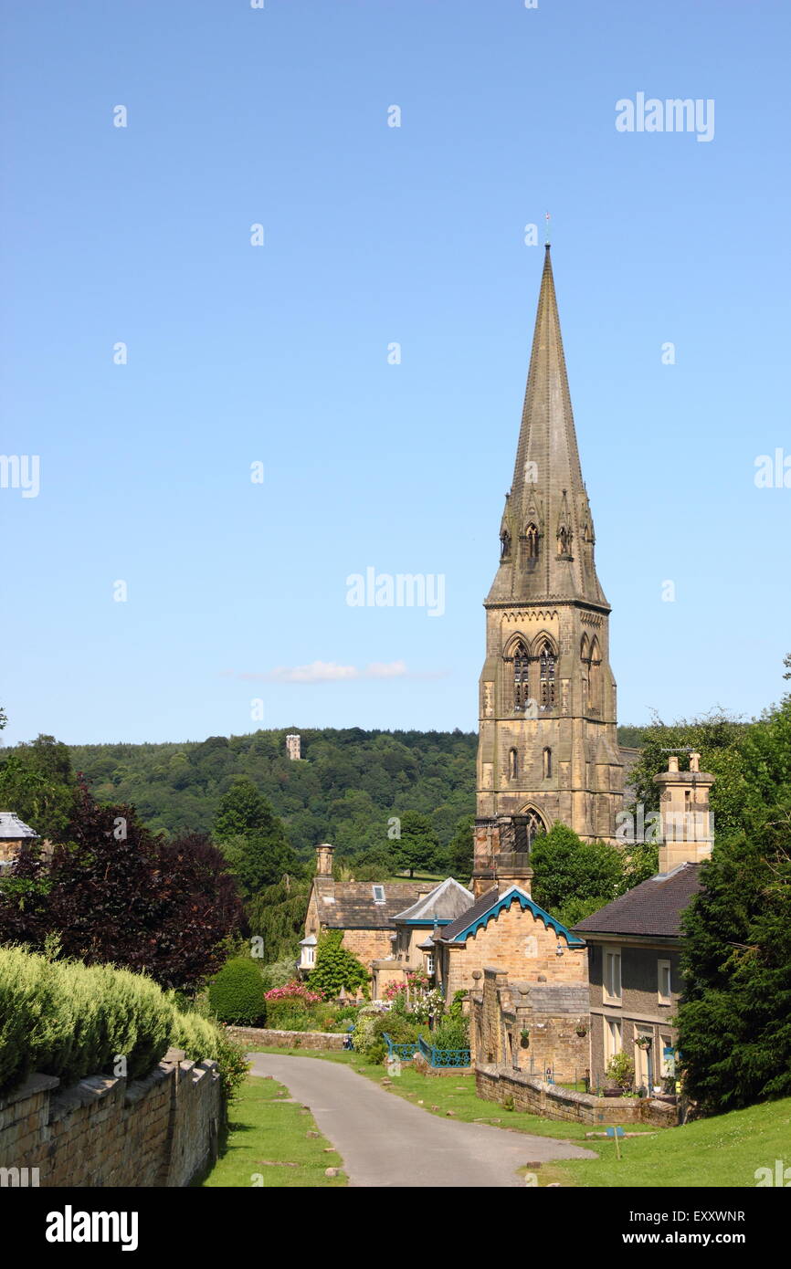 The spire of St Peter's Church rises above Edensor, an idyllic village ...