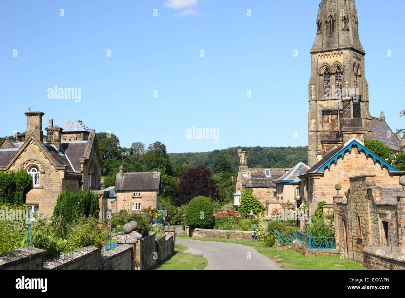 A view of Edensor, a traditional, historic English village on the ...