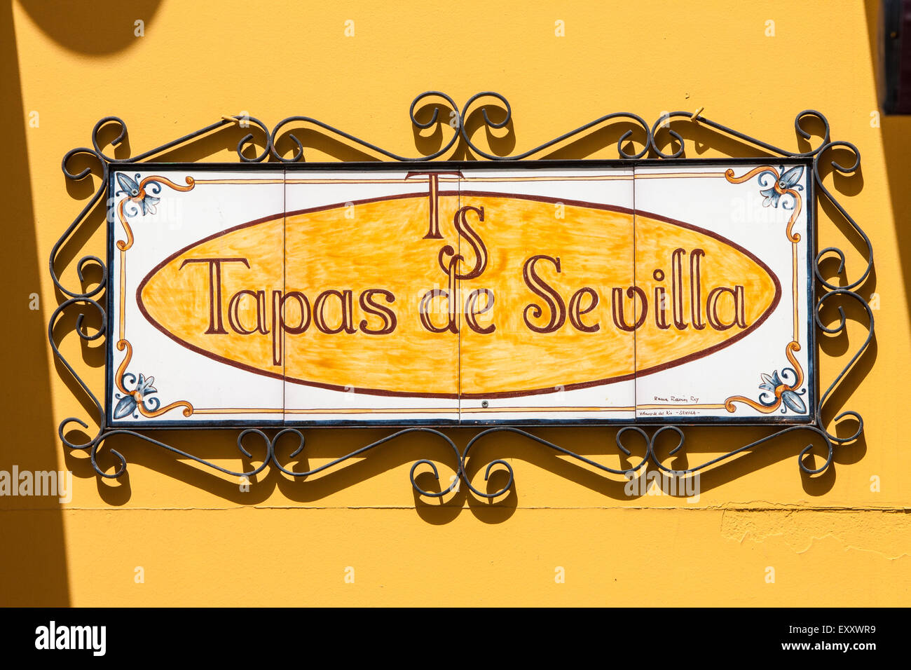 Tapas restaurant signboard in Old Town in Seville, centre of Seville ...