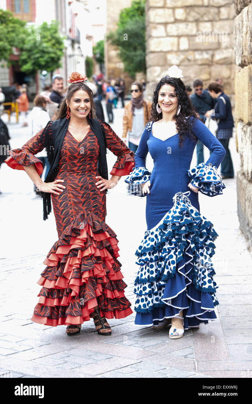 In traditional Seville dress in Seville, Andalucia, Spain, Europe ...