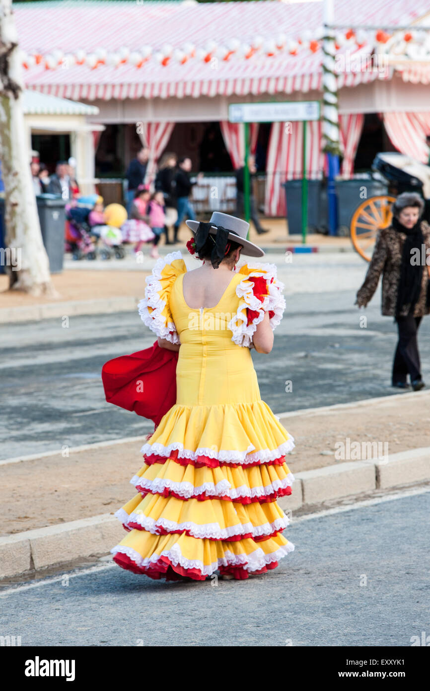 In traditional Seville dress in Seville, Andalucia, Spain, Europe. At ...