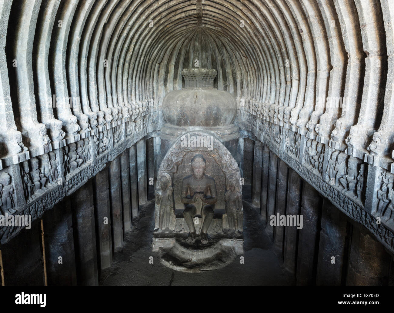 Cave #10 with altar of the Buddha at Ellora Caves, India. It is in the ...