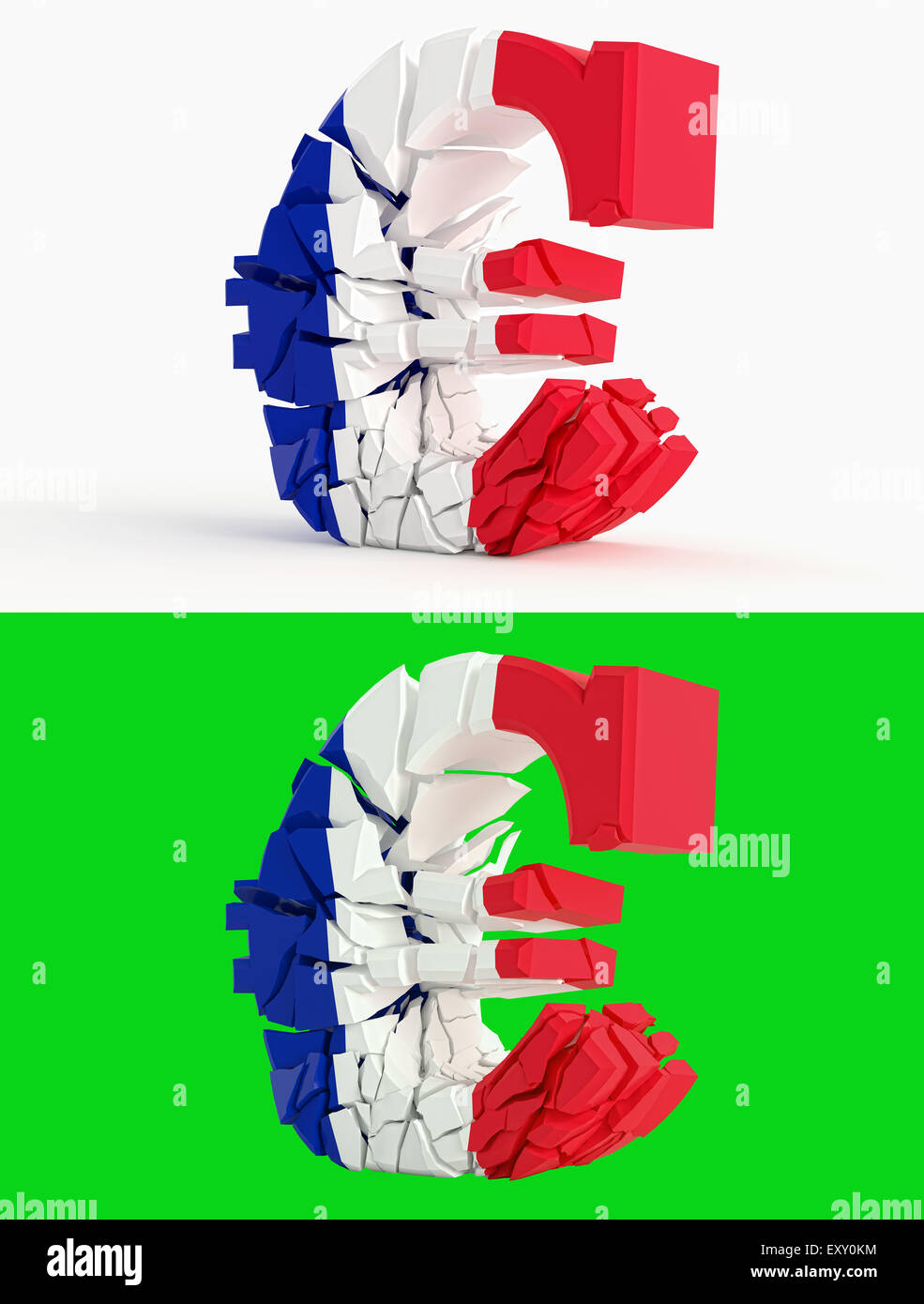 broken euro sign - french flag - isolated on green for composits Stock ...