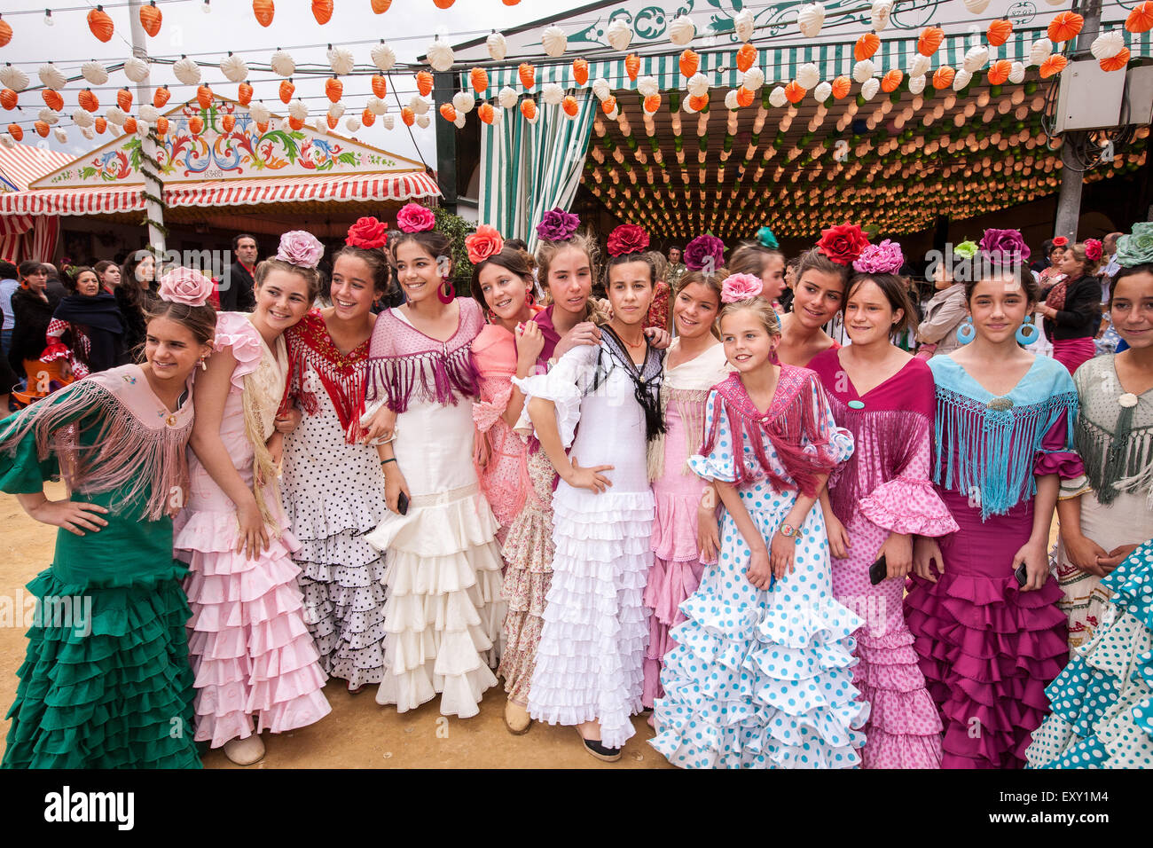 In traditional Seville dress in Seville, Andalucia, Spain, Europe. At ...