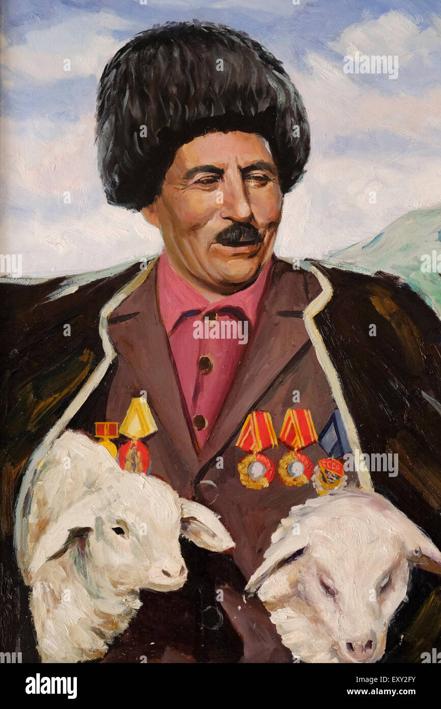 A painting depicting an Azarbaijani veteran wearing an ushanka fur hat ...