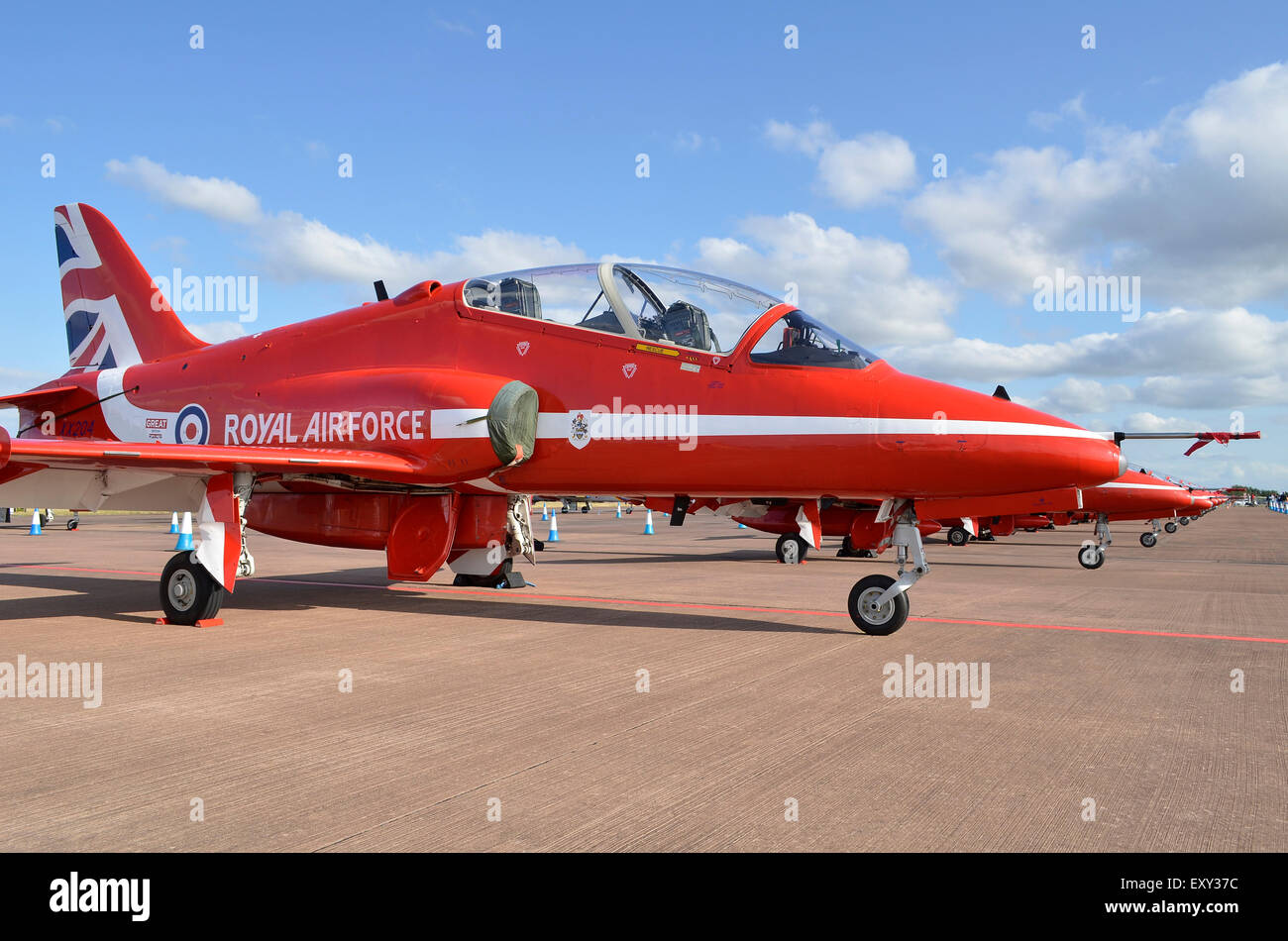 The Red Arrows lined up after displaying on Friday at RIAT 2015, Fairford, UK. Credit: Antony ...